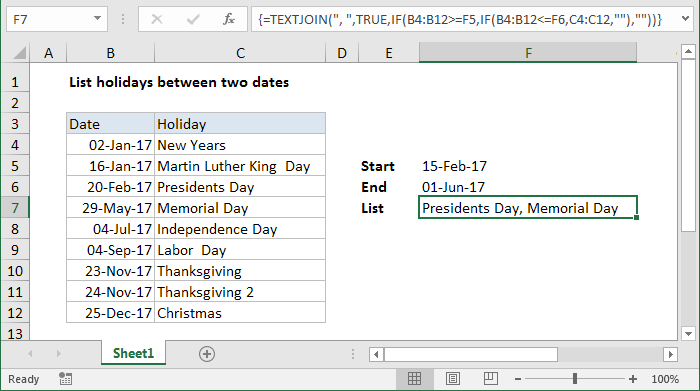 Excel formula: List holidays between two dates | Exceljet Excel formula: List holidays between two dates | Exceljet